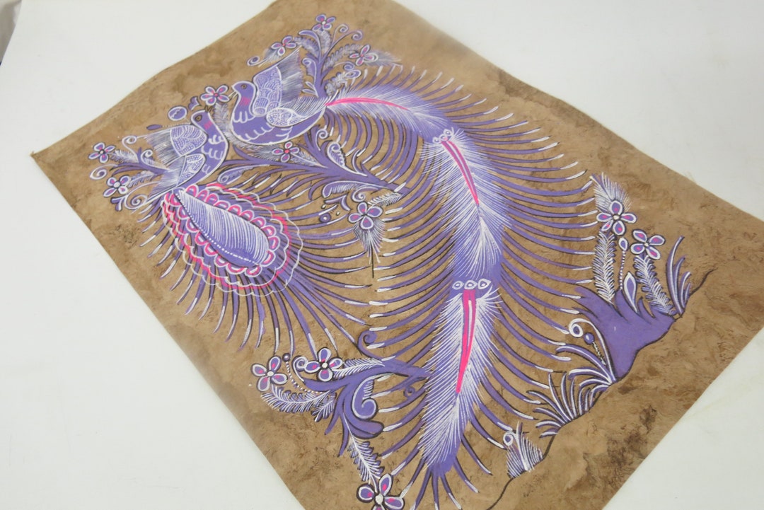 Amate Mexican Bark Painting Folk Art Bird Peacock Painting Tree of Life ...