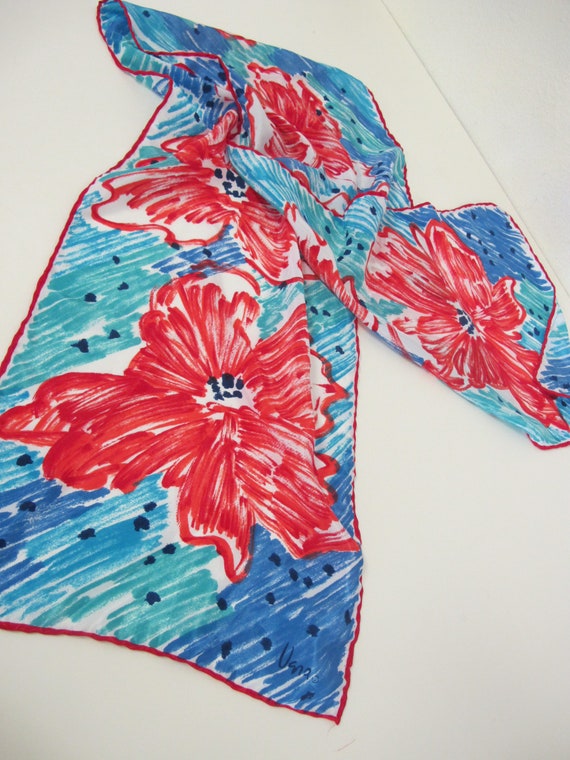 Vera Neumann Silk Scarf Long Scarf Rare Red Poppies - Gem