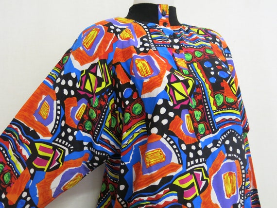 Mod Silk Blouse Abstract Print Blouson Medium - Gem