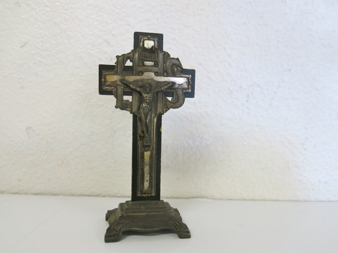French Crucifix Gothic Cross on Stand Antique Metal Cross Religious Art ...