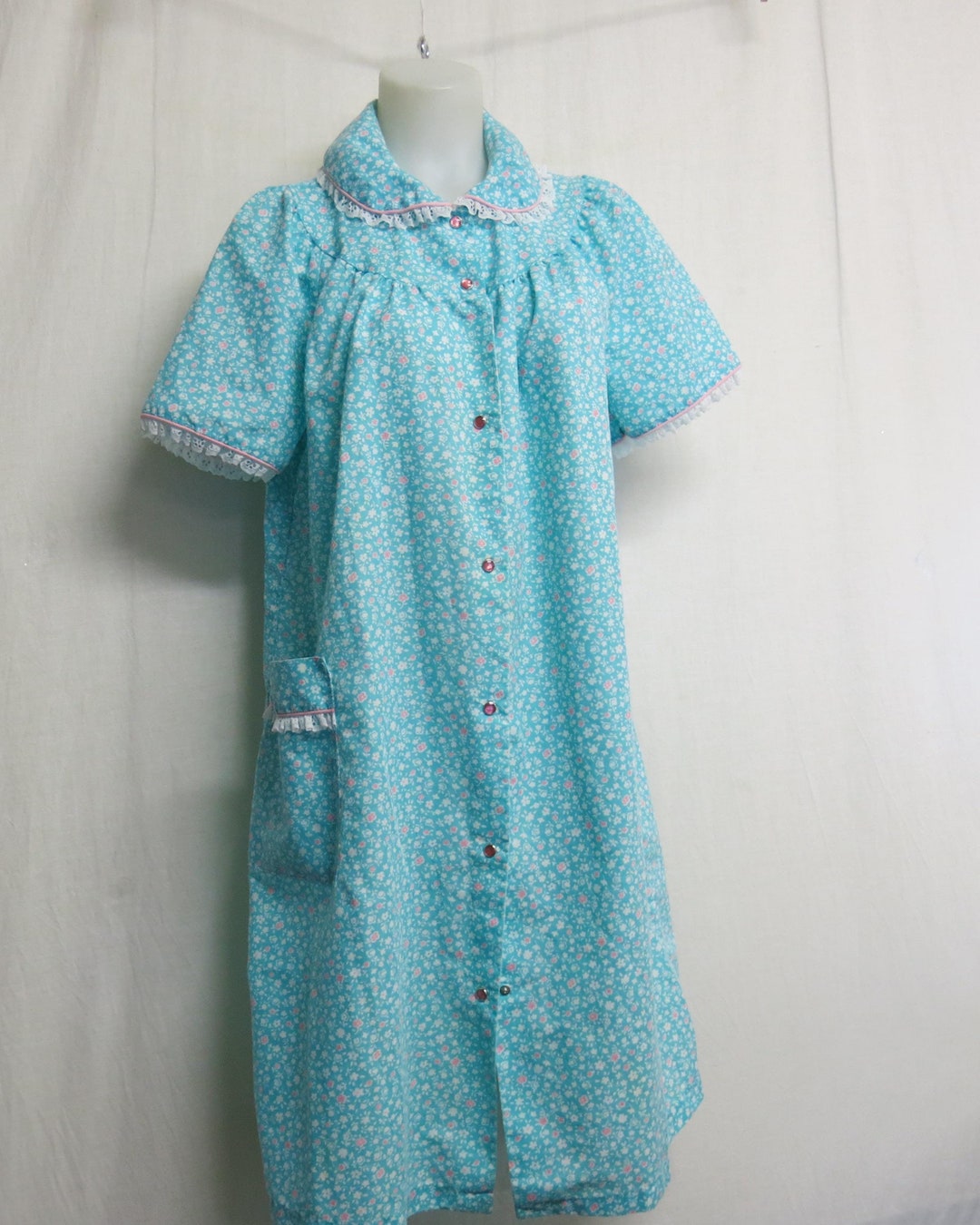 Housecoat House Dress Snap Front Aqua Lace Trim - Etsy