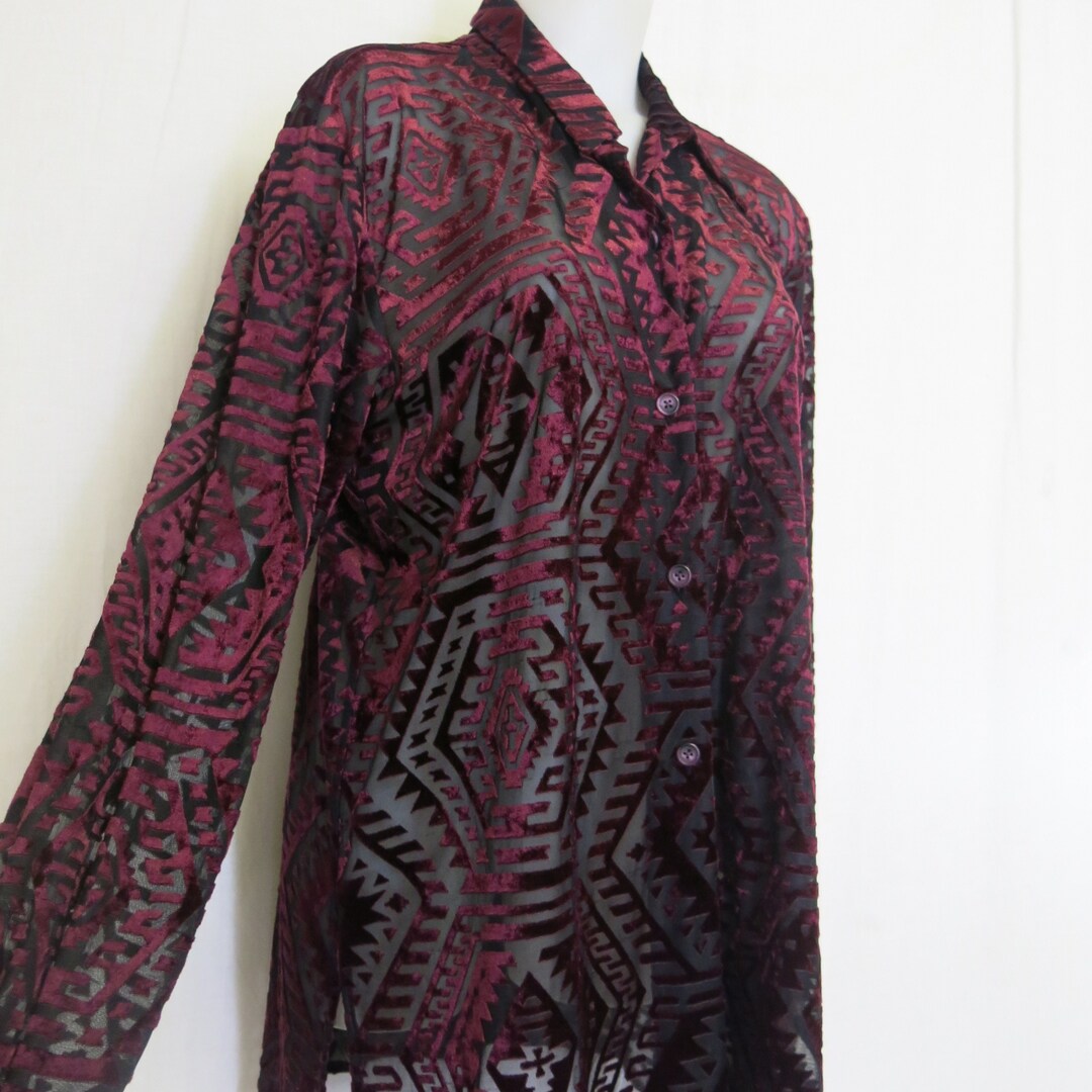 Goth Velvet Tunic Blouse Black and Burgundy Silk Burnout Velvet Festive ...