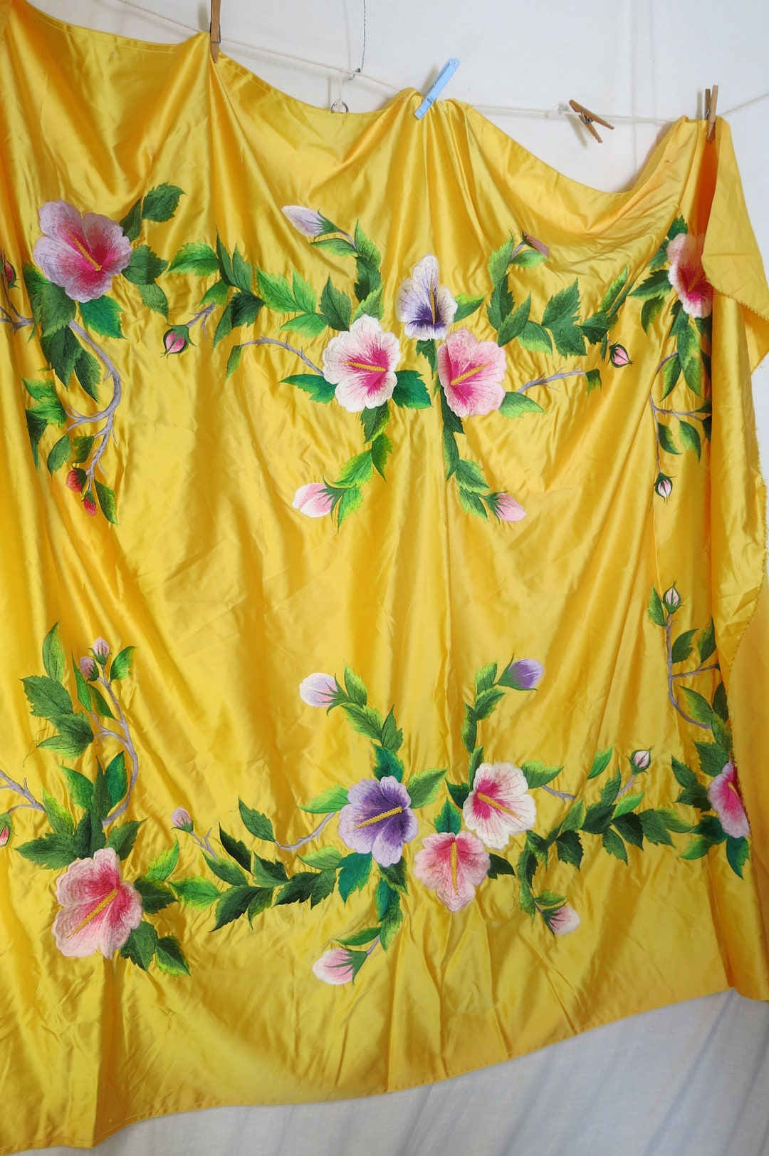 Vintage Chinese Embroidery Tablecloth Chinese Silk Satin Hibiscus - Etsy