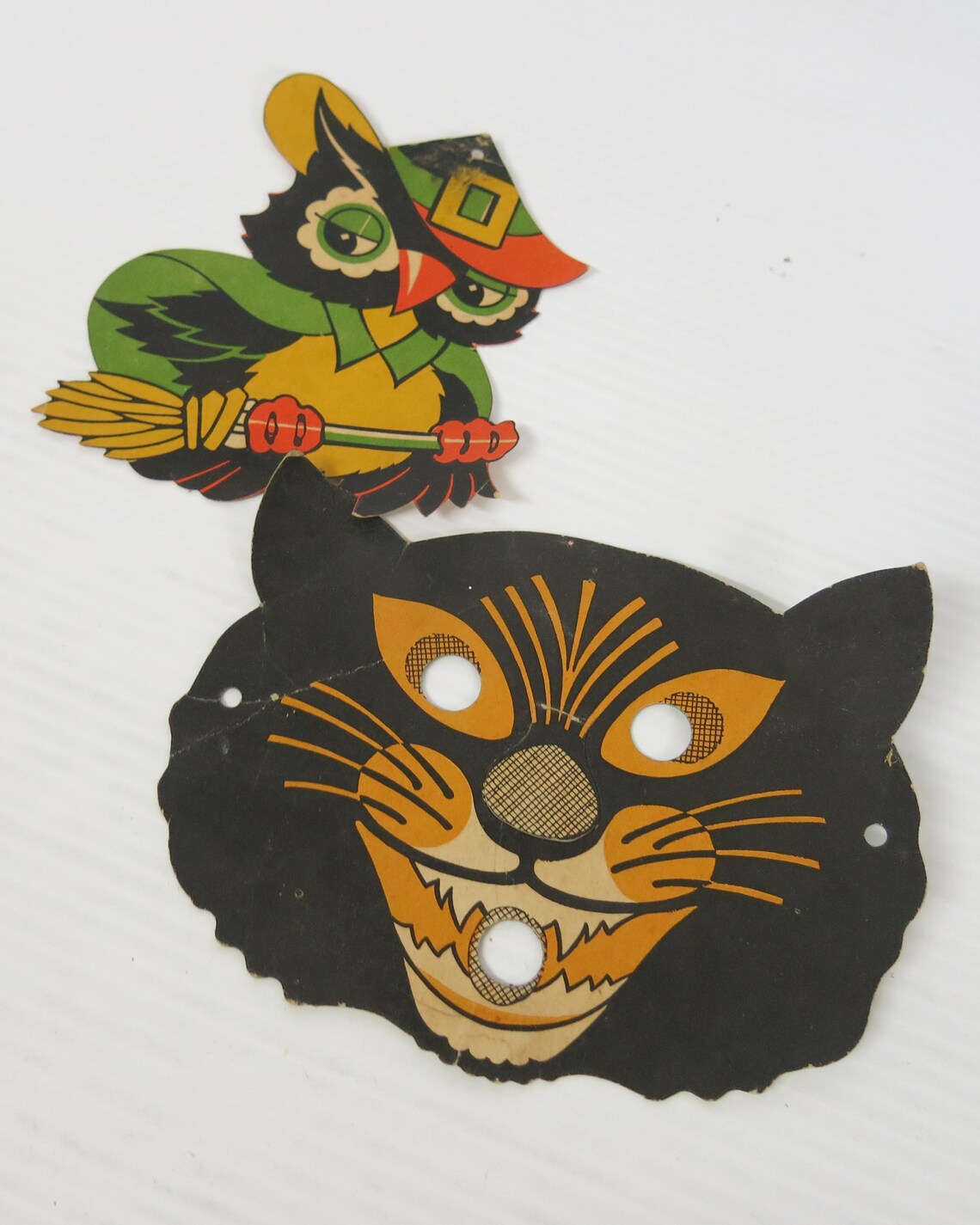 Vintage Halloween Die Cut Cardboard Decorations: Mid-century Cat Mask ...