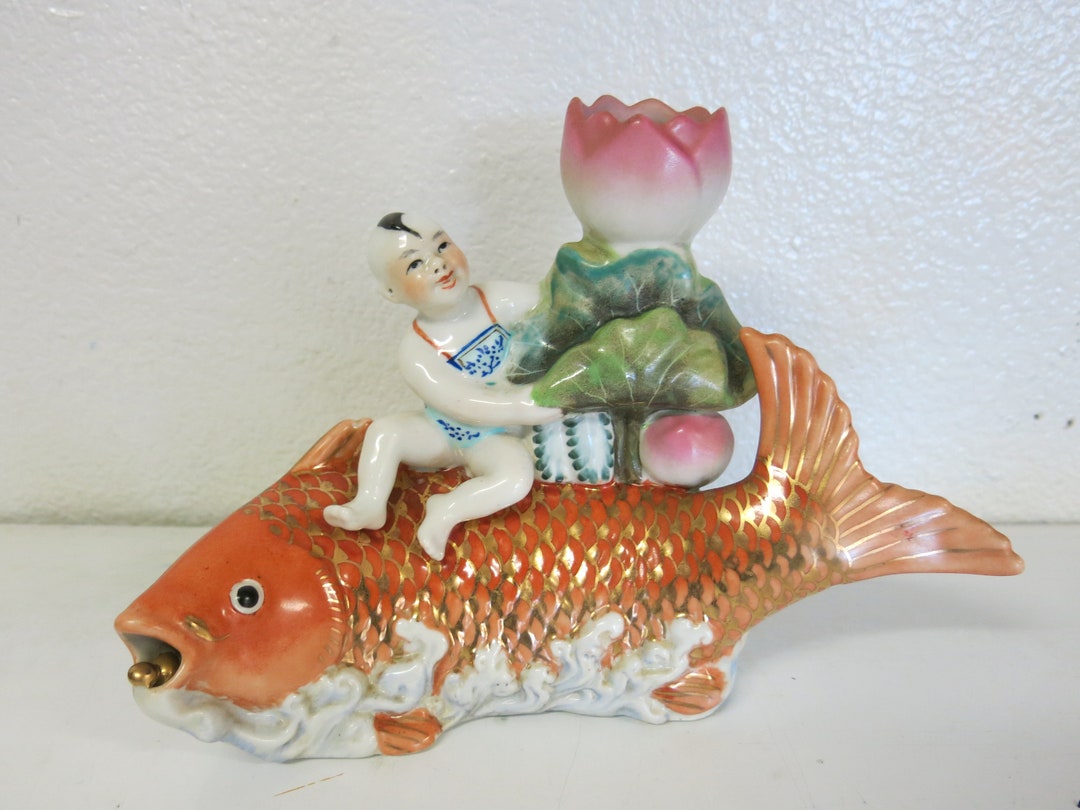 Chinese Baby Boy Koi Gold Fish Porcelain Statue With Lotus Vase Candle ...