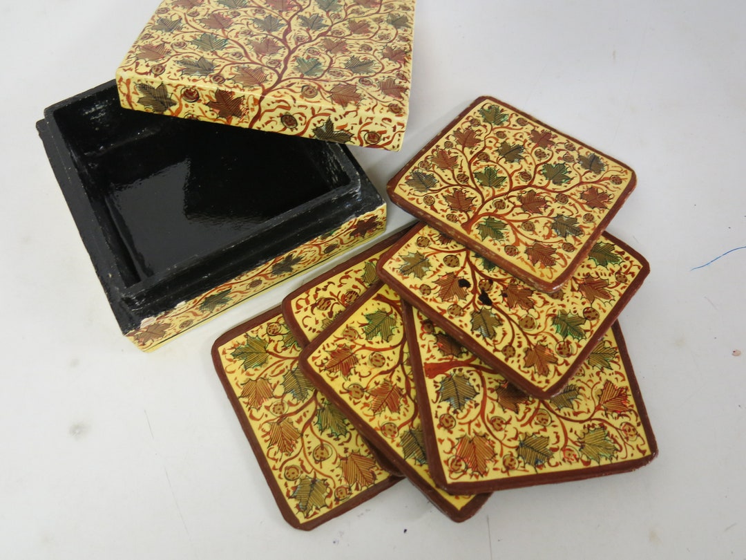 1960s Lacquerware Coasters Set: Kashmiri Golden Leaf Design - Etsy