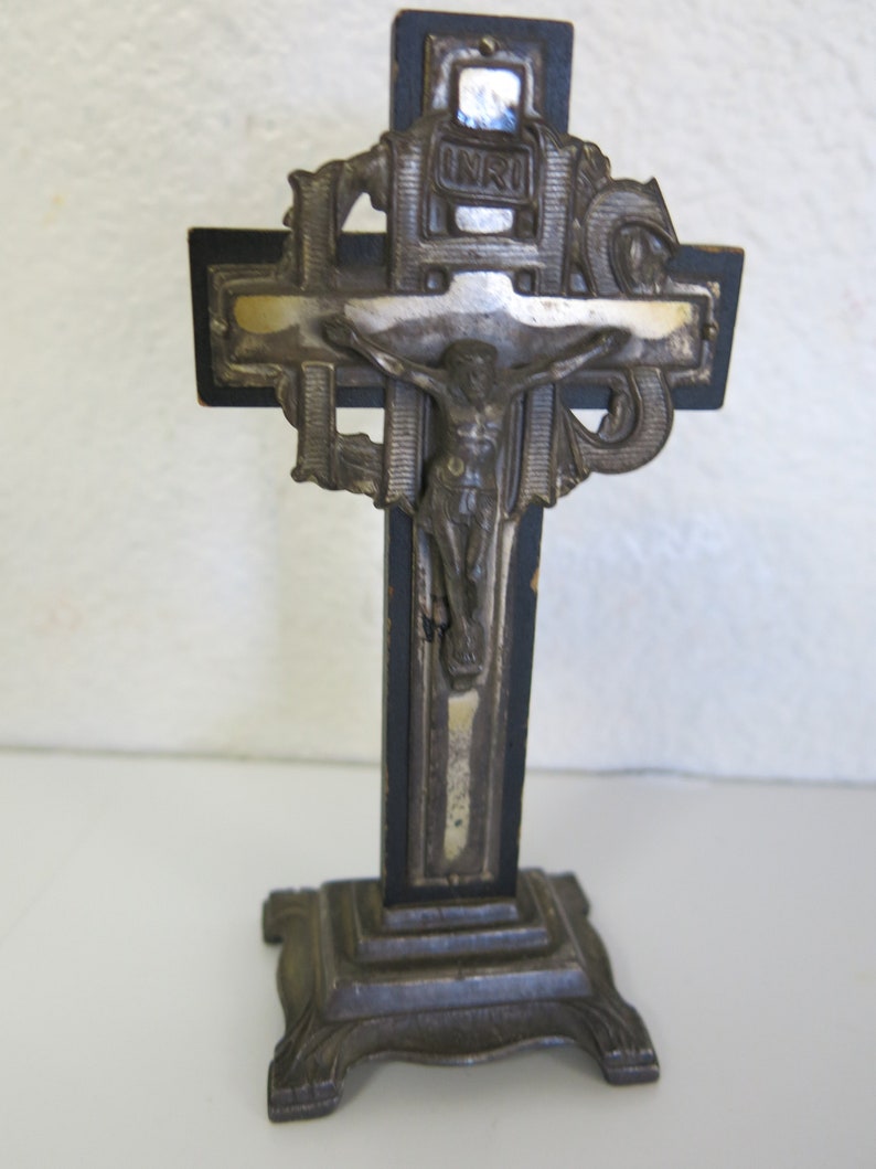 French Crucifix Gothic Cross on Stand Antique Metal Cross Religious Art ...