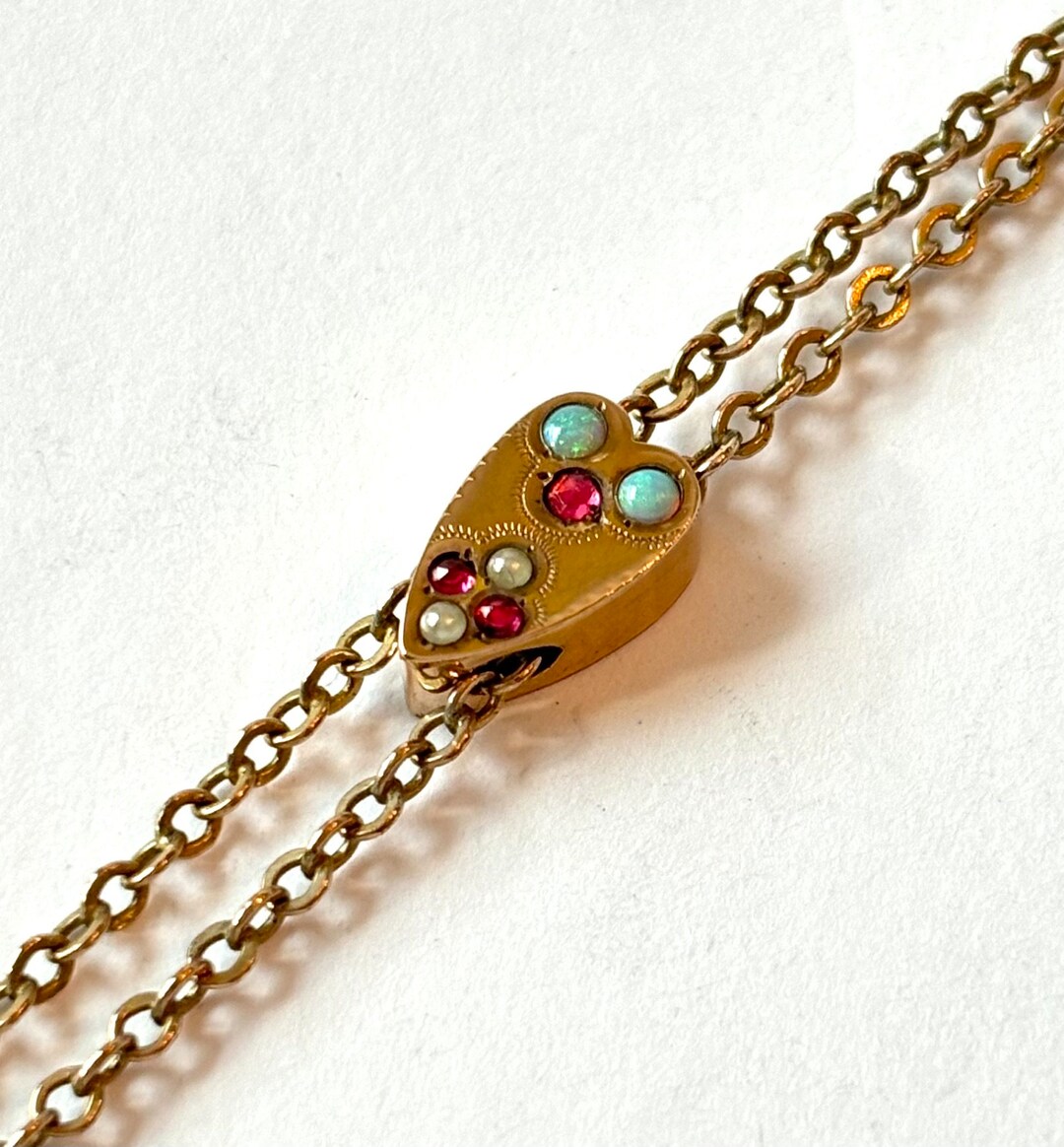Vintage OPAL Heart Slide Chain Necklace Antique Victorian Gold Filled ...