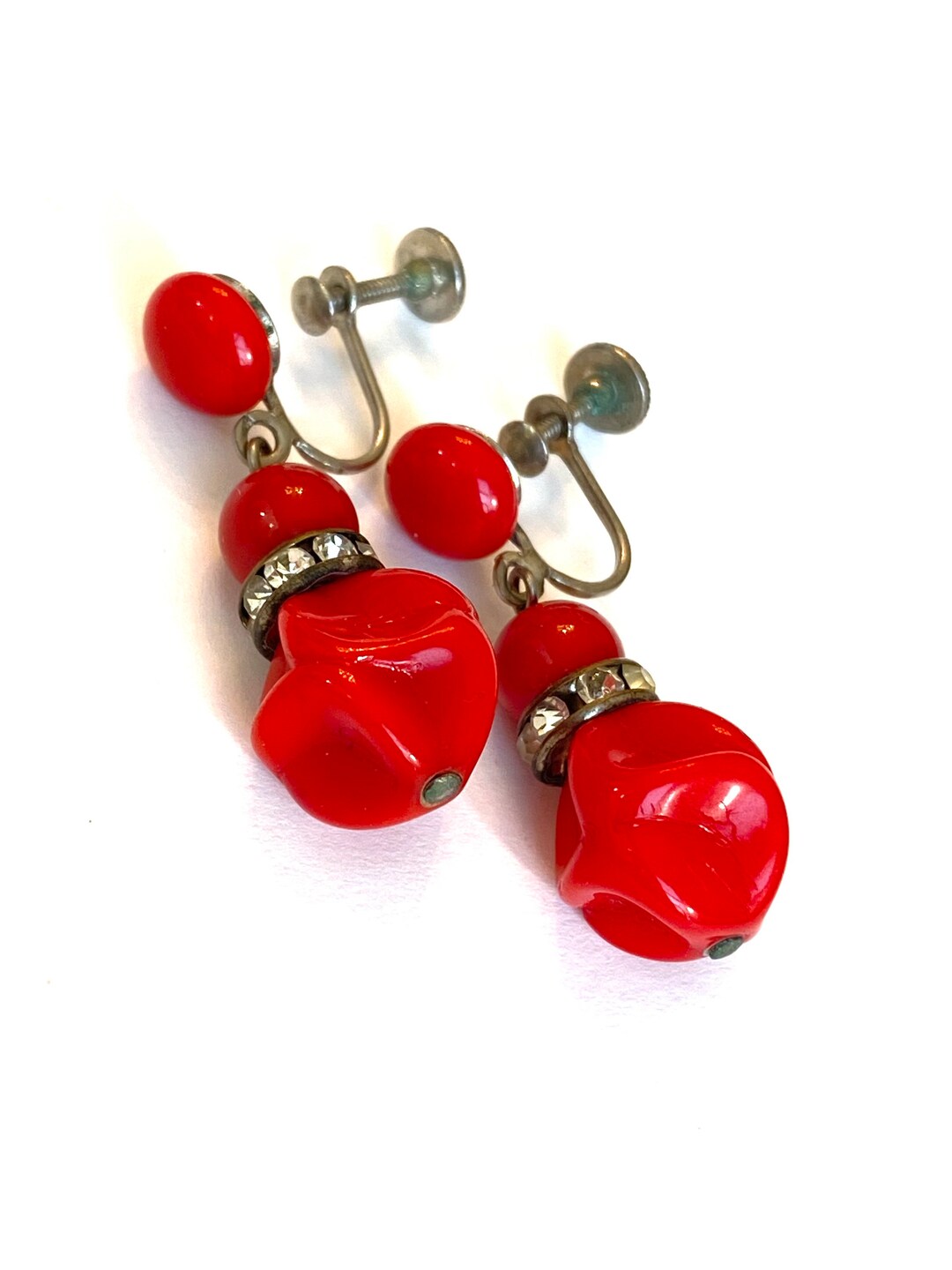 Vintage Red Dangle Earrings Art Deco Red Czech Art Glass & Rhinestone ...