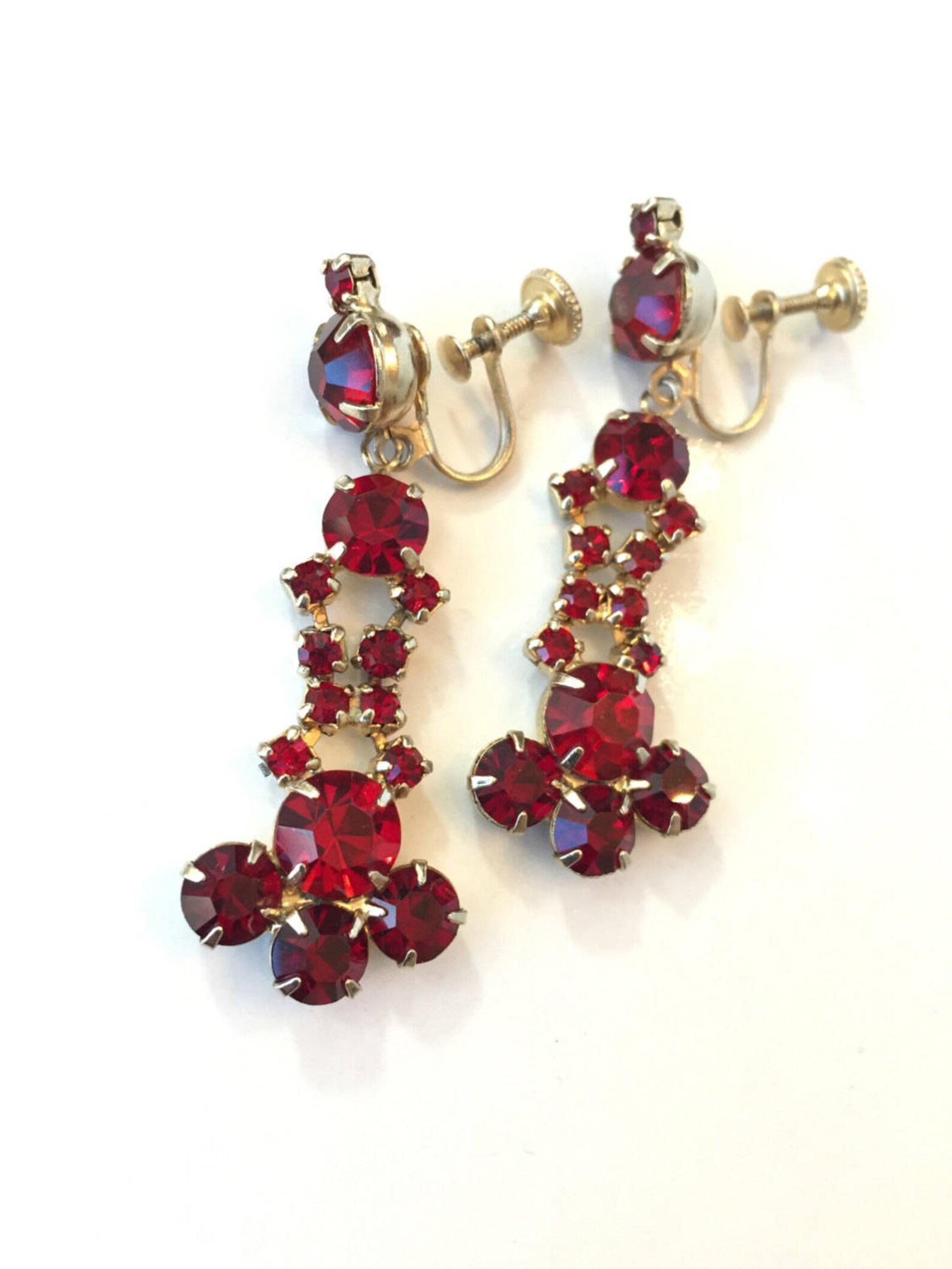 Vintage Red Rhinestone Dangle Earrings 1960s Classic Long Drop Ruby ...