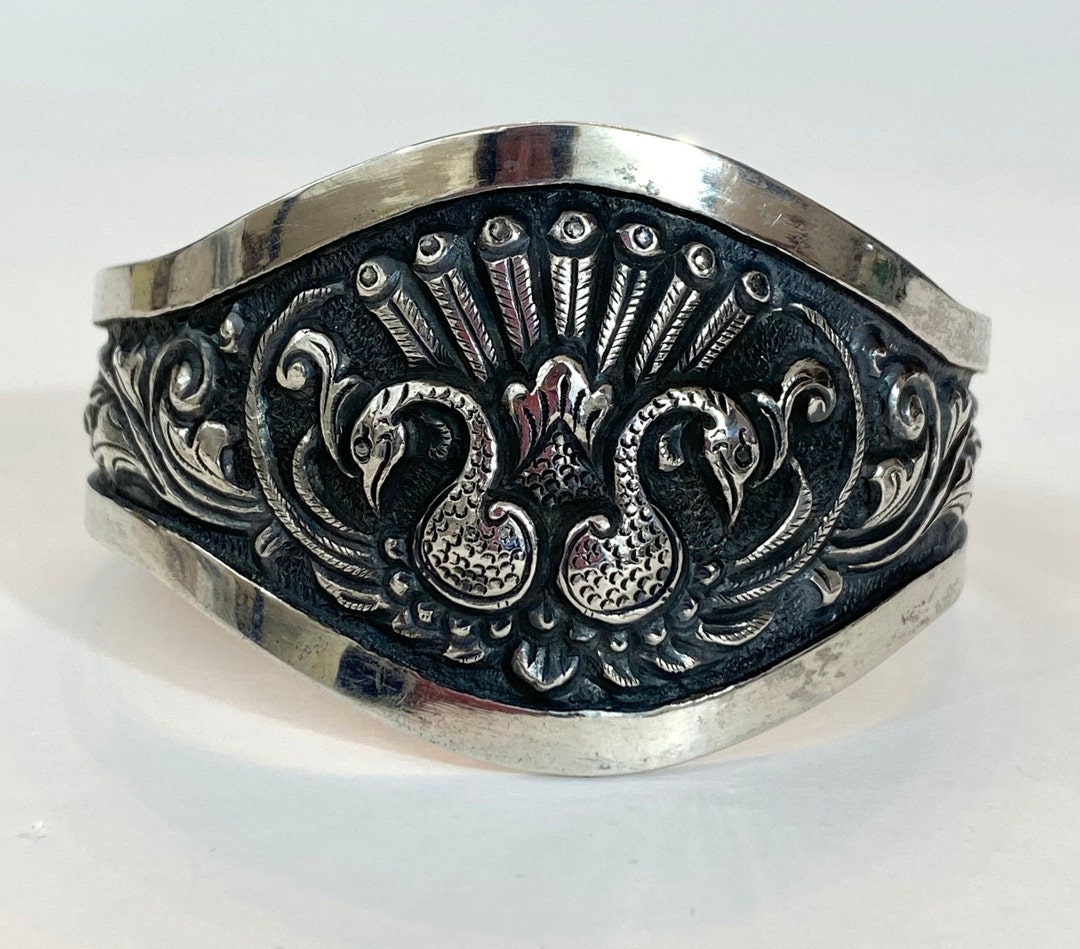 Antique 800 Silver Peacock Large Repousse Cuff Bracelet Asian Art Deco ...