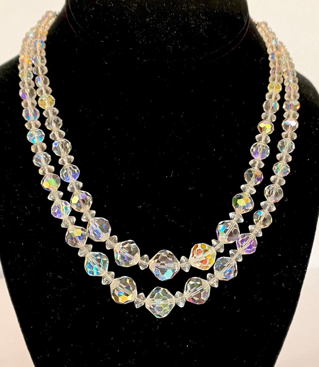 Vintage Crystal Beaded Necklace 2 Strands Faceted Glass Beads Wedding ...