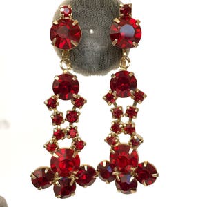 Vintage Red Rhinestone Dangle Earrings 1960s Classic Long Drop Ruby ...