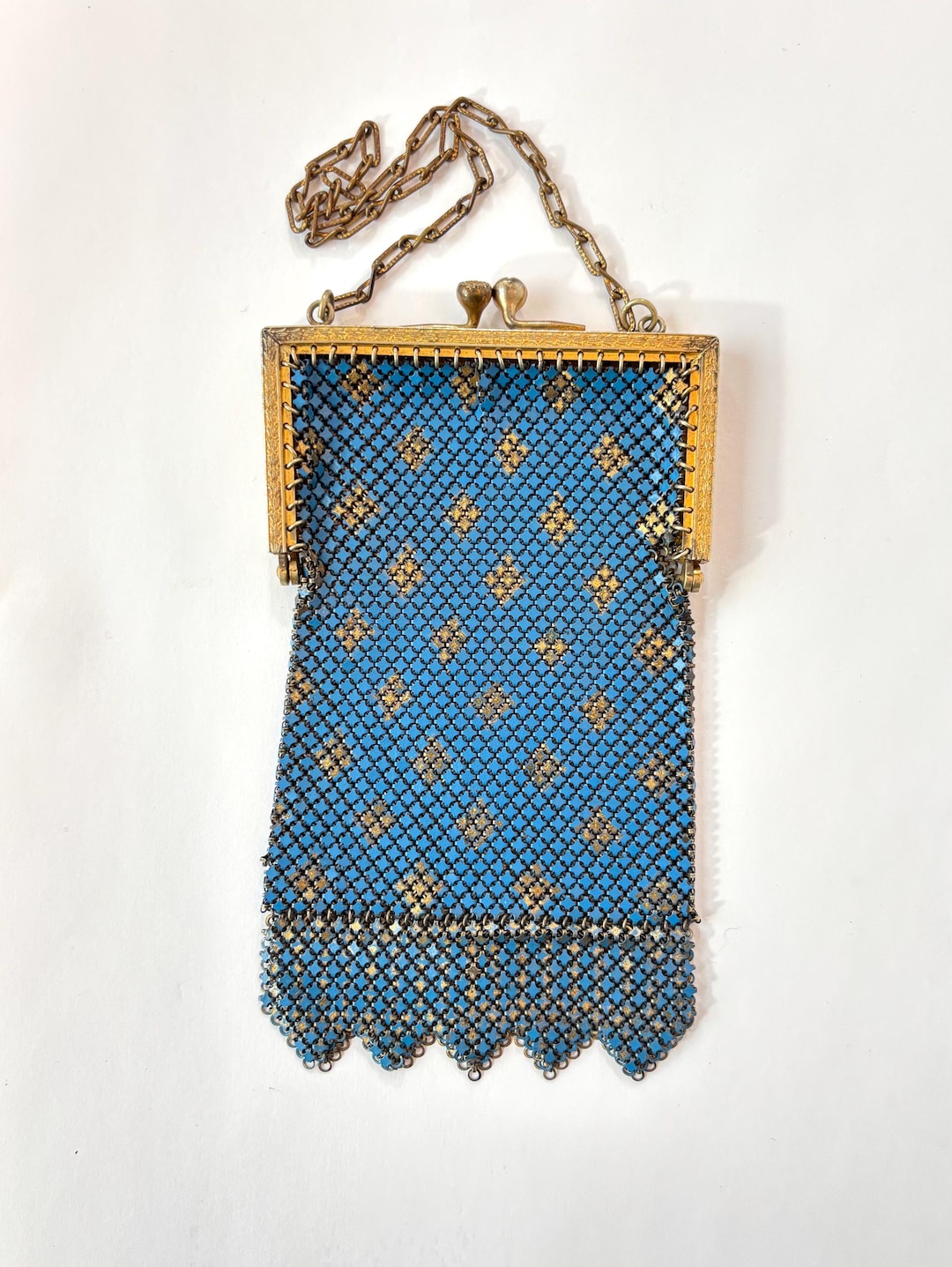 Antique Whiting & Davis Enamel Mesh Purse El-sah Art Deco Blue and Gold ...