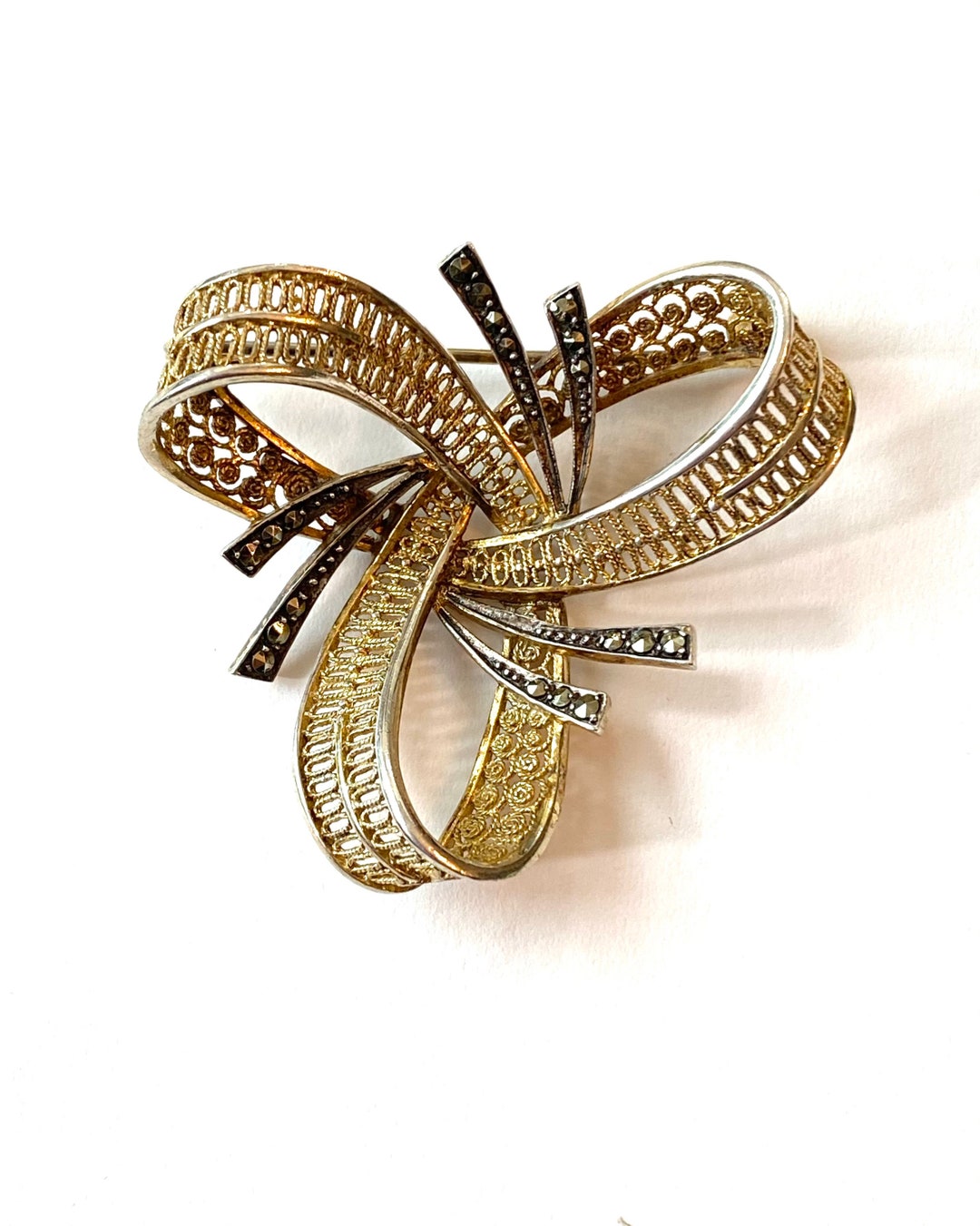 Alice Caviness Sterling Silver Brooch Vintage Marcasite Vermeil ...