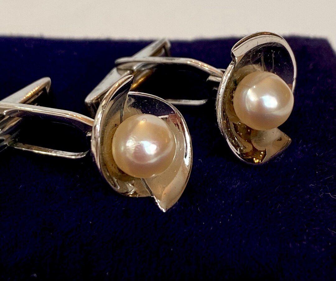 Vintage Sakata Cultured Pearls Cuff Links Silver Mid Century Japan 8mm ...