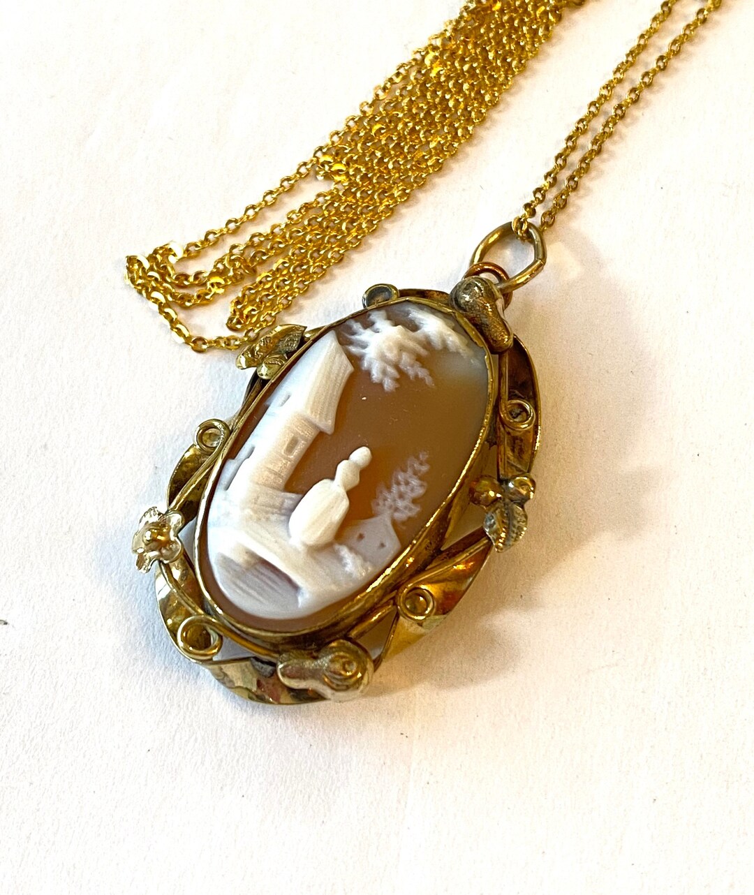 Vintage Carved Shell Cameo Necklace Gold Filled Woman at the Well ...