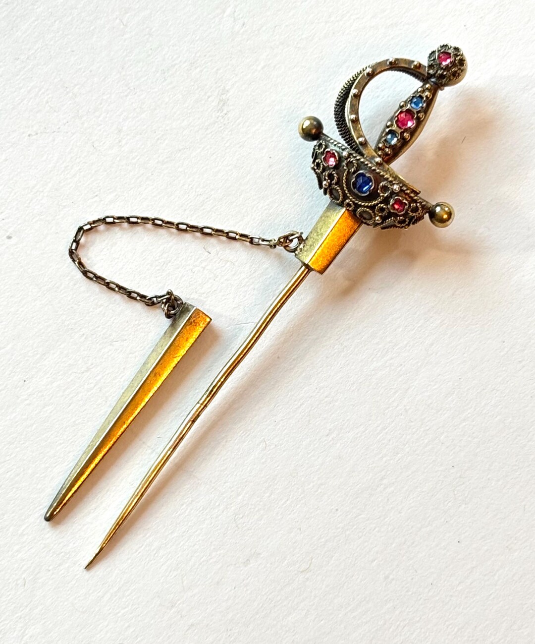 Antique Jeweled Sword Jabot Pin Art Deco Czech Scabbard Saber Blue ...