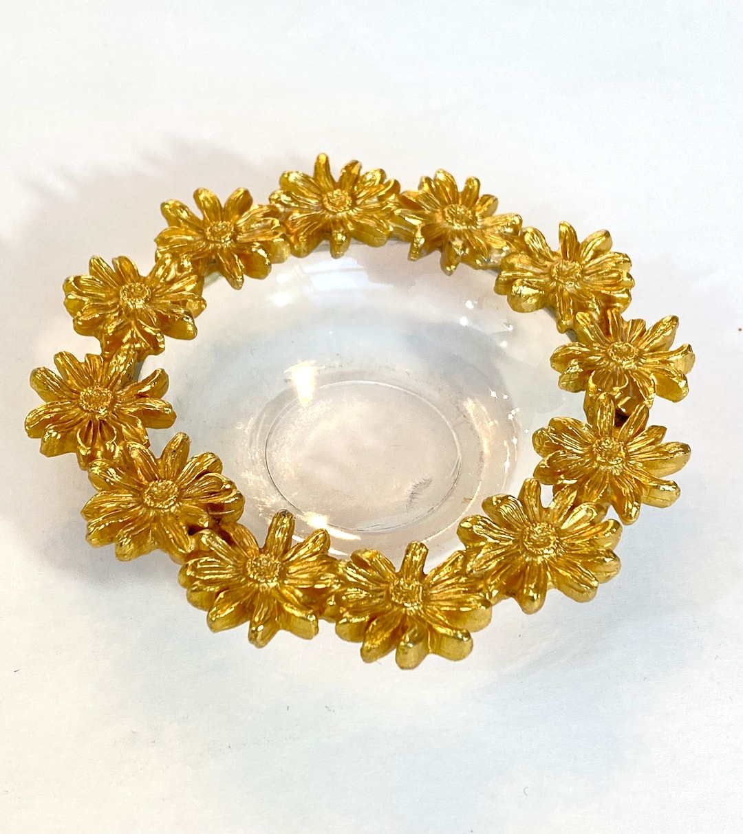 Vintage Gold Metal Ring Dish Mid Century Floral Glass Dresser Vanity ...