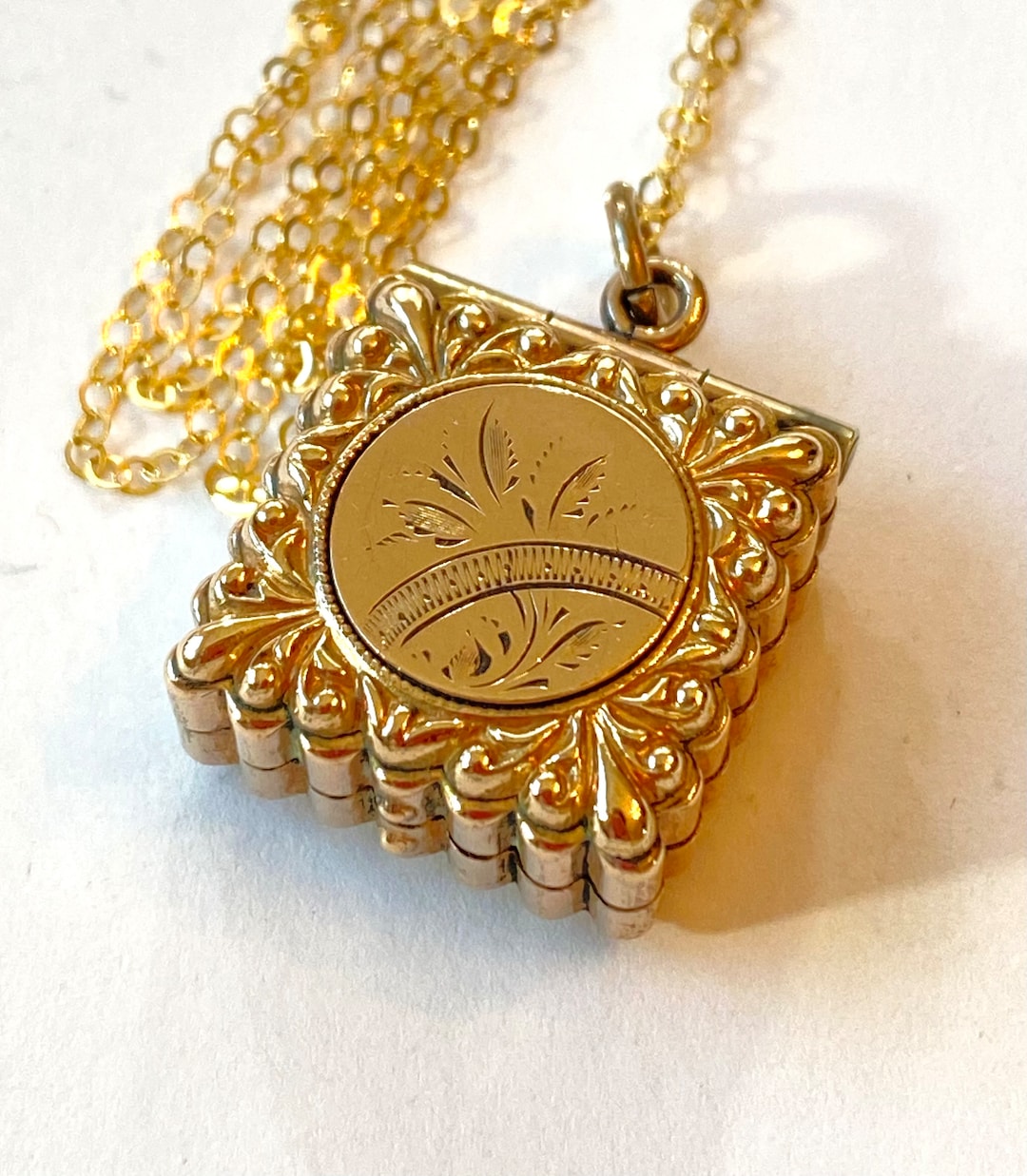 Antique Victorian Photo Locket Necklace Gold Filled Engraved Edwardian ...