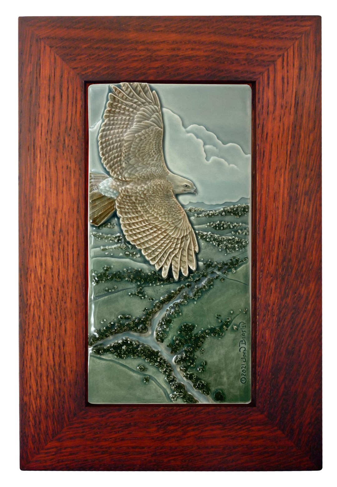 Framed Red Tailed Hawk, Ceramic Tile, Sculpted Art Tile, Red Tail, 7 X ...