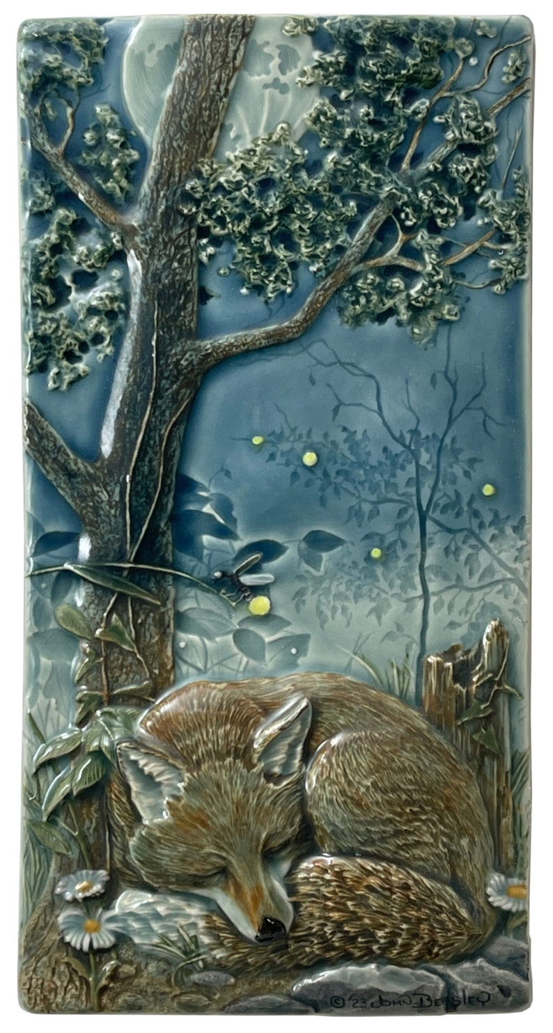 Fox Ceramic Tile Art: Night Light Relief, White Oak Frame - Etsy