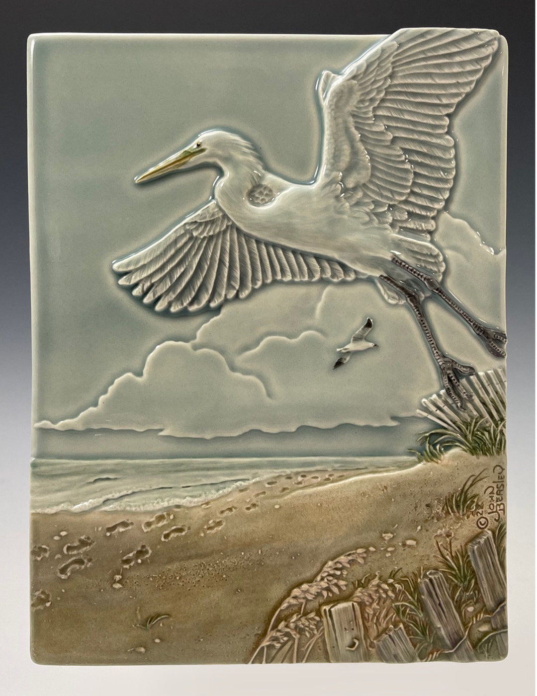 A Day at the Beach 6 X 8 Inch Flying Egret Sculpted Art Tile. - Etsy