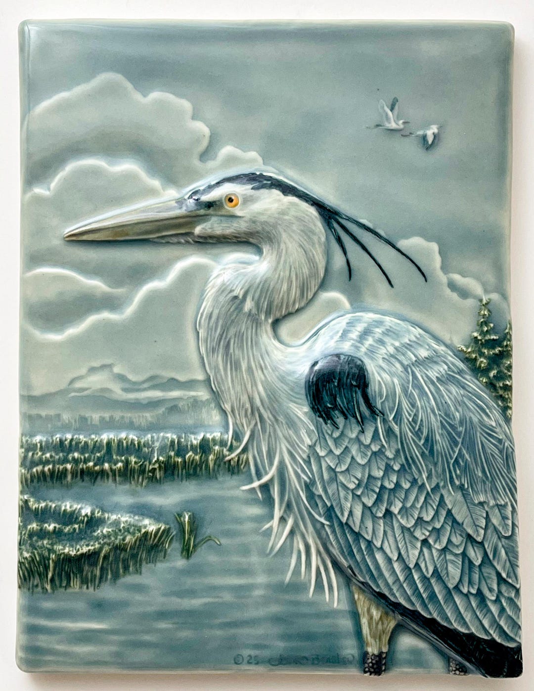 New Design! Great Blue Heron Ceramic Tile, Taking It All In, 6x8 Inches ...