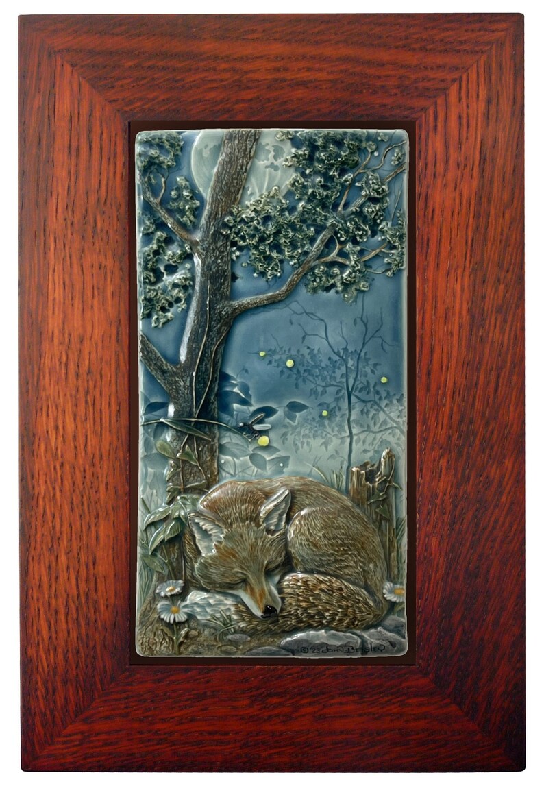Fox Ceramic Tile Art: Night Light Relief, White Oak Frame - Etsy