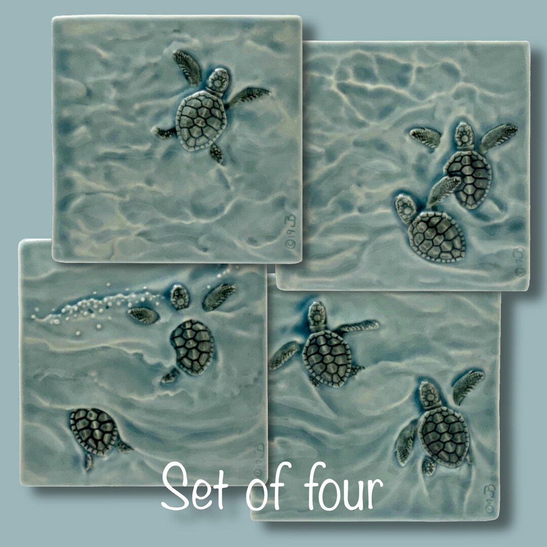 Baby Sea Turtle Tiles, Set of Four Sea Turtle Ceramic Tile, Wall Tile ...