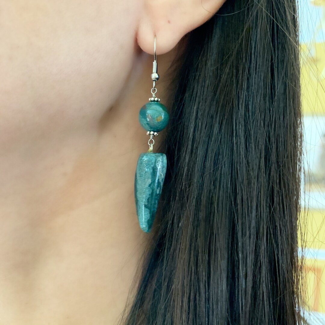 Boho Dangle Tusk Earrings, Green Moss Agate, Sterling Silver Bali Beads ...