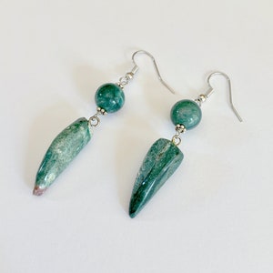 Boho Dangle Tusk Earrings, Green Moss Agate, Sterling Silver Bali Beads ...