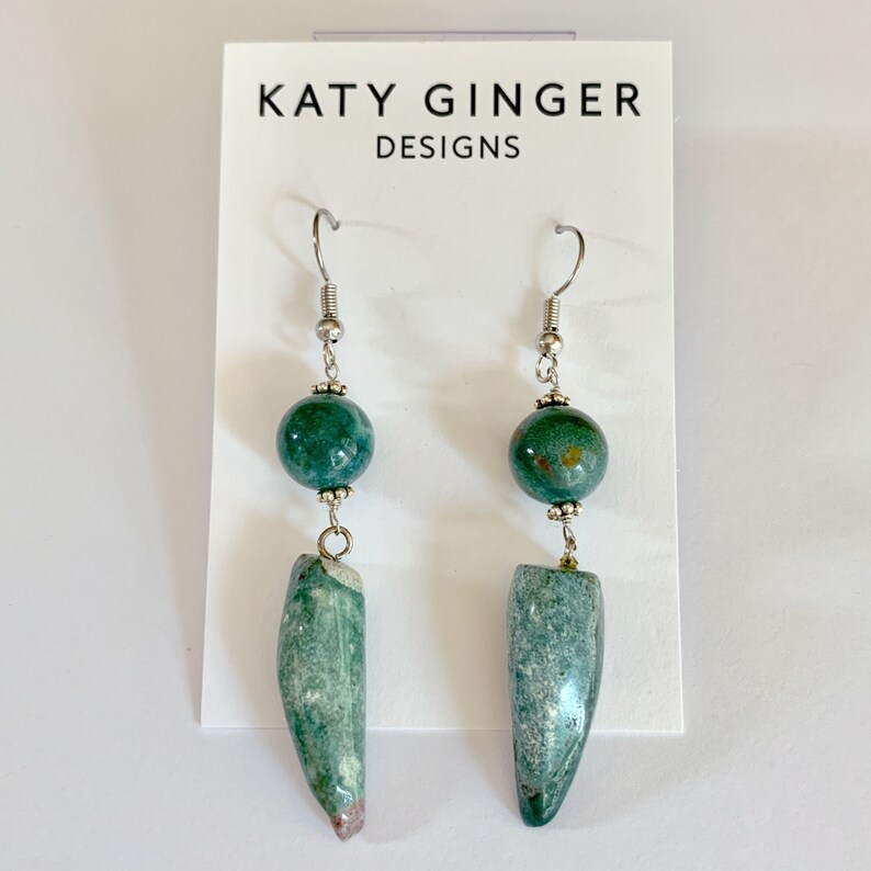 Boho Dangle Tusk Earrings Green Moss Agate Sterling Silver - Etsy