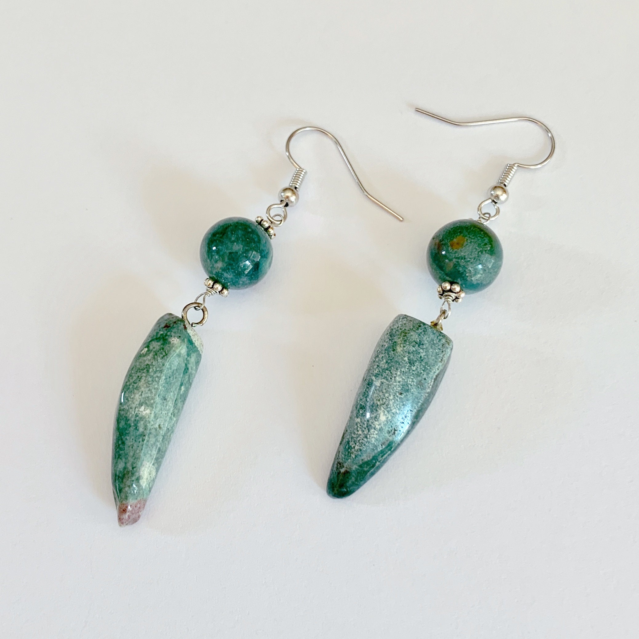 Boho Dangle Tusk Earrings Green Moss Agate Sterling Silver | Etsy