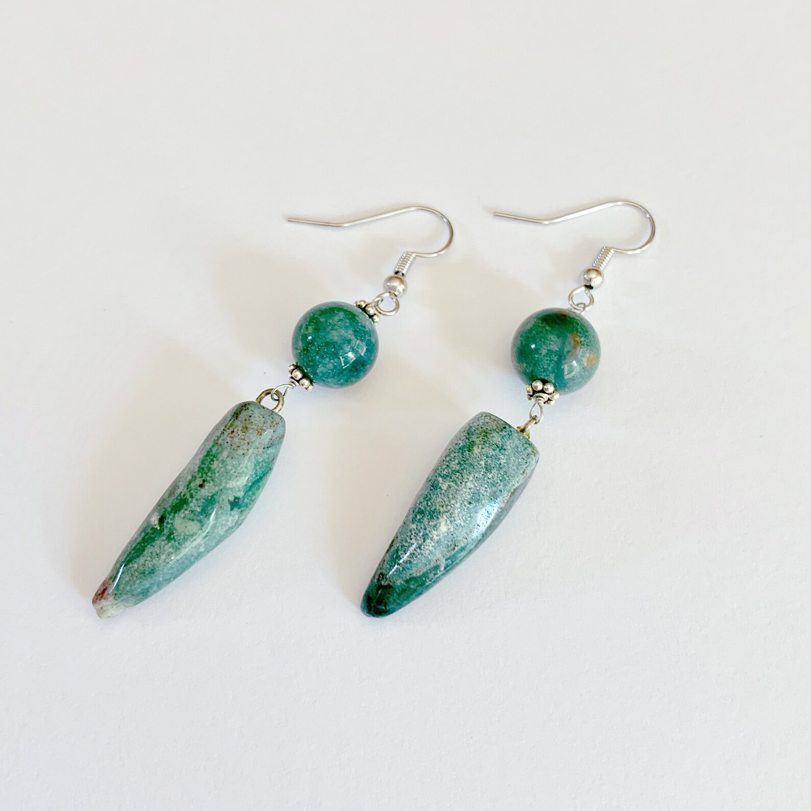 Boho Dangle Tusk Earrings Green Moss Agate Sterling Silver - Etsy