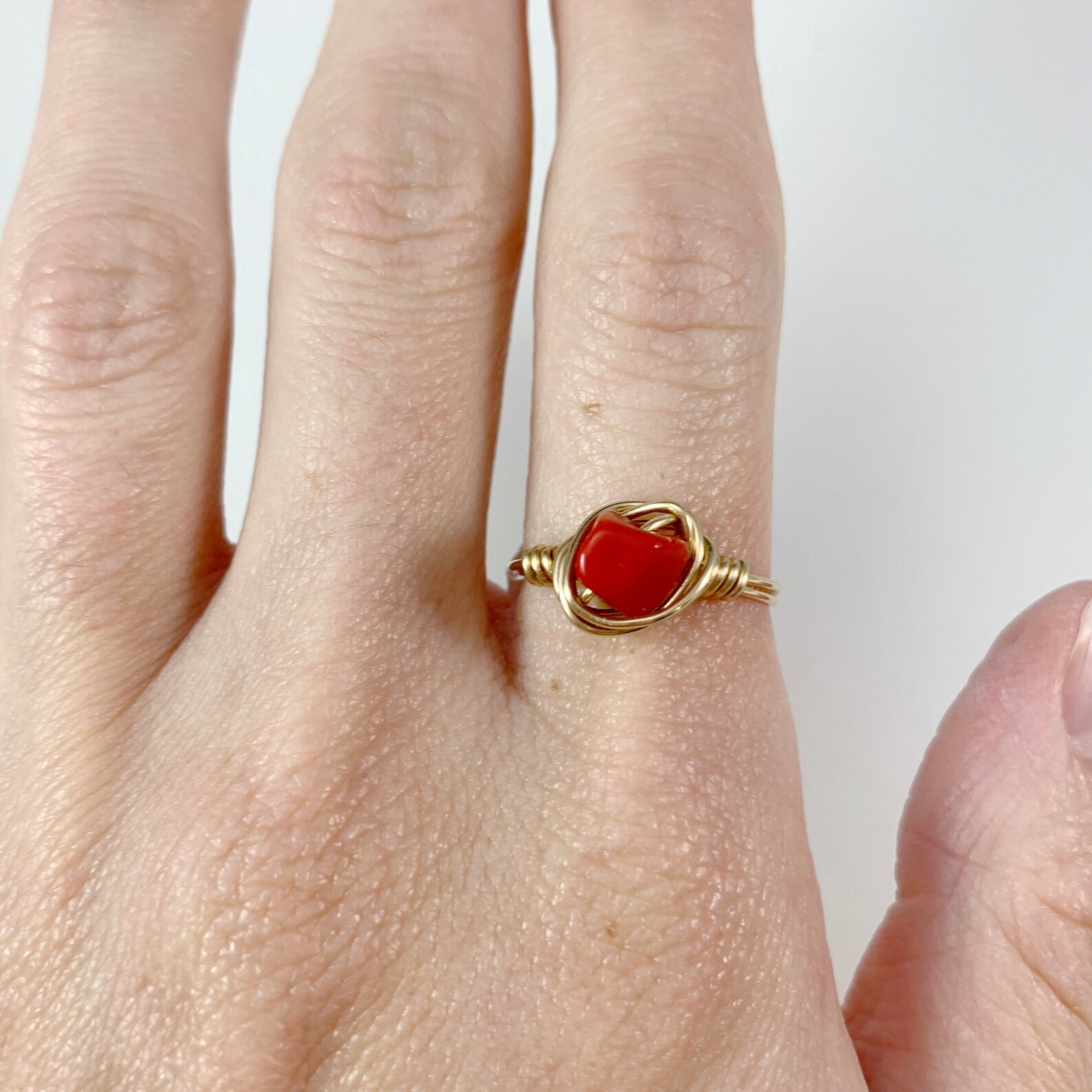 Minimalist Red Coral Gemstone Wire Wrapped Stackable Ring, Gold Wire ...