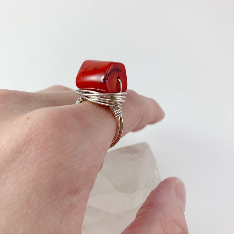 Red Branch Coral Wire Wrapped Statement Ring, Silver Wire Wrap, Cocktail Ring, Boho, Hippie ...