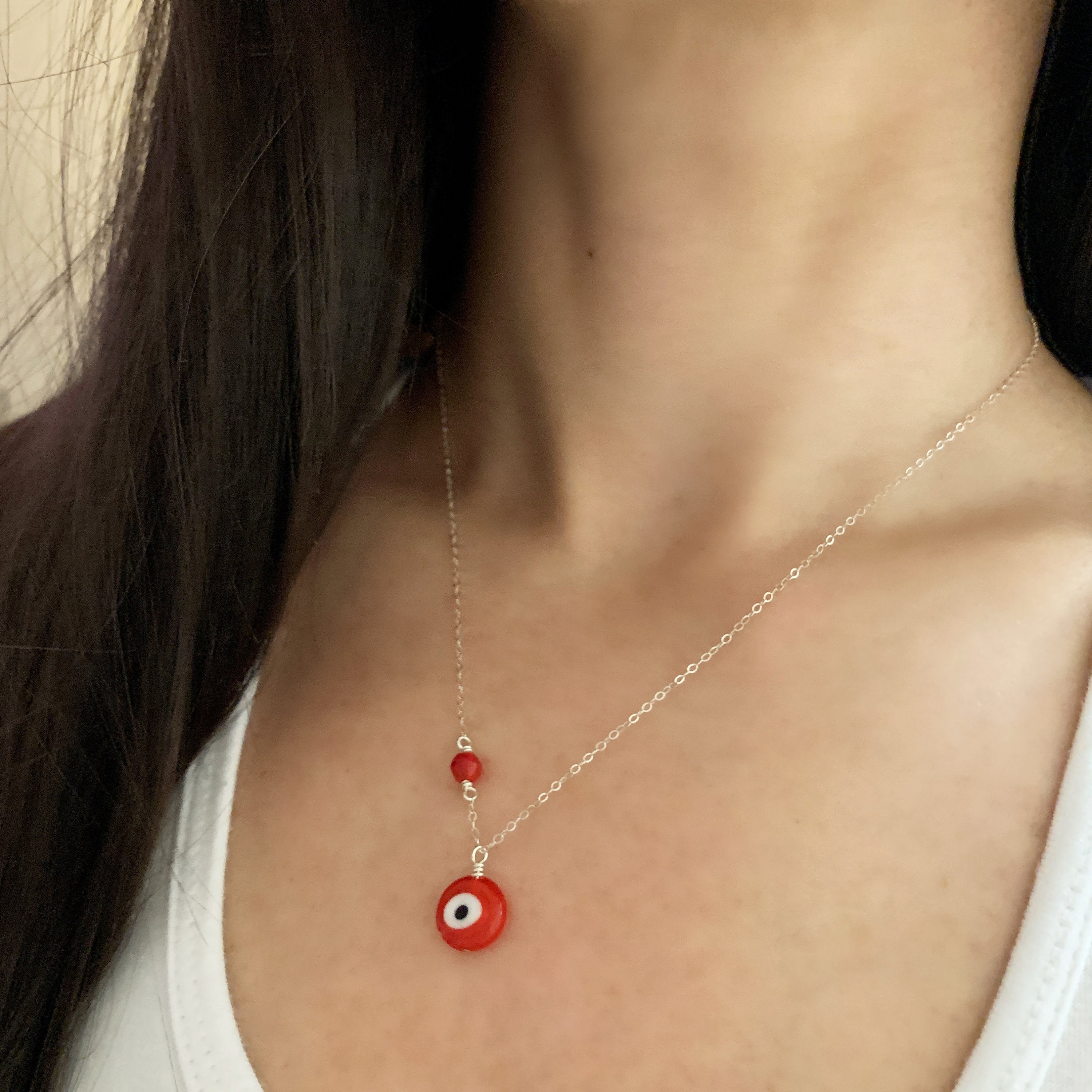 Minimalist Red Evil Eye Beaded Pendant Necklace, Sterling Silver Dainty ...