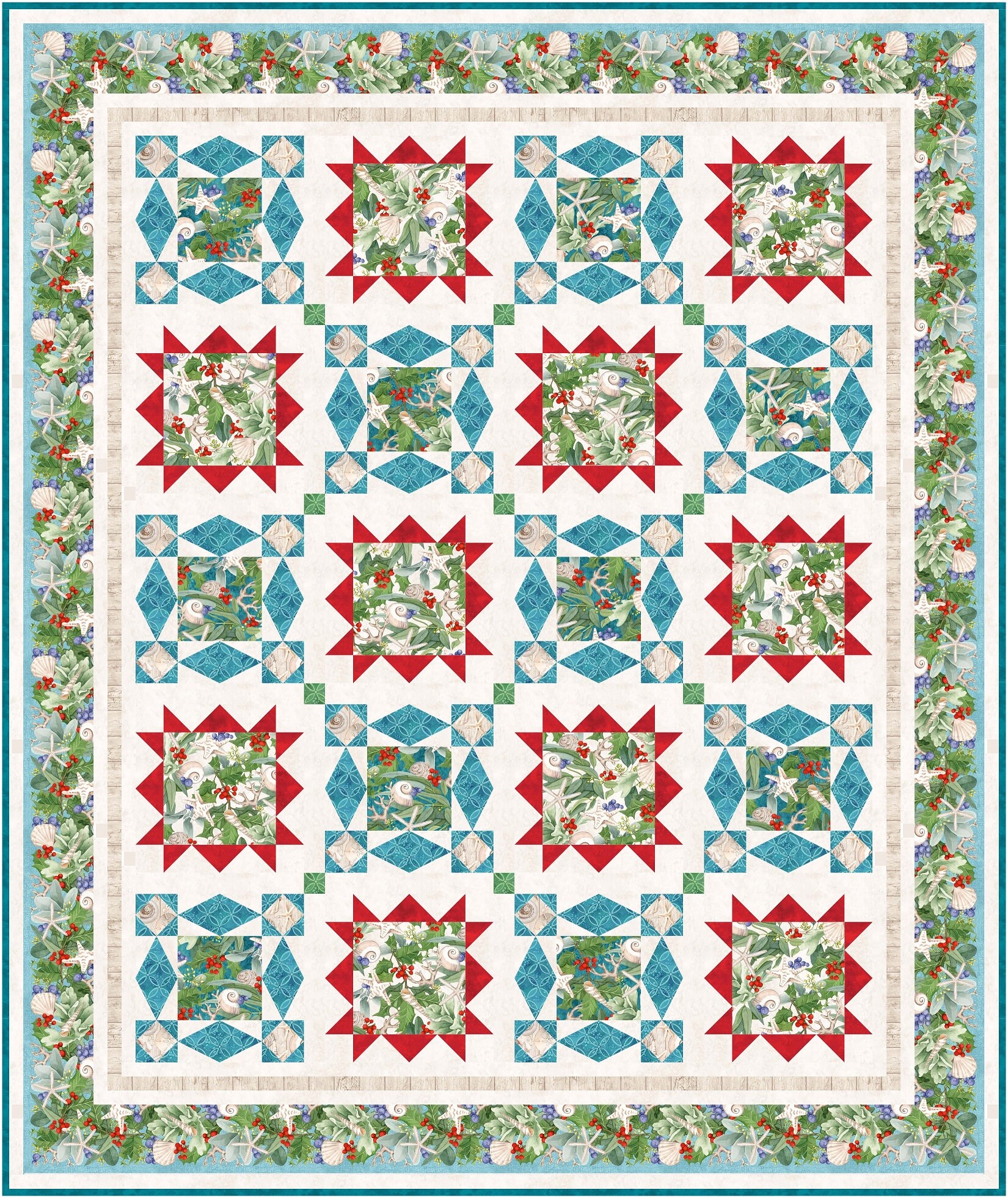 Christmas Quilt Pattern Scrappy Beach Holiday With Shells Teal Red ...