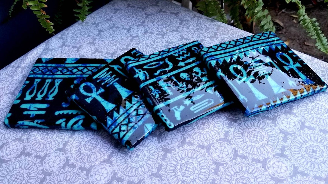 Egyptian Style Coasters || Ceramic Tile and Resin Coasters || Blue and ...