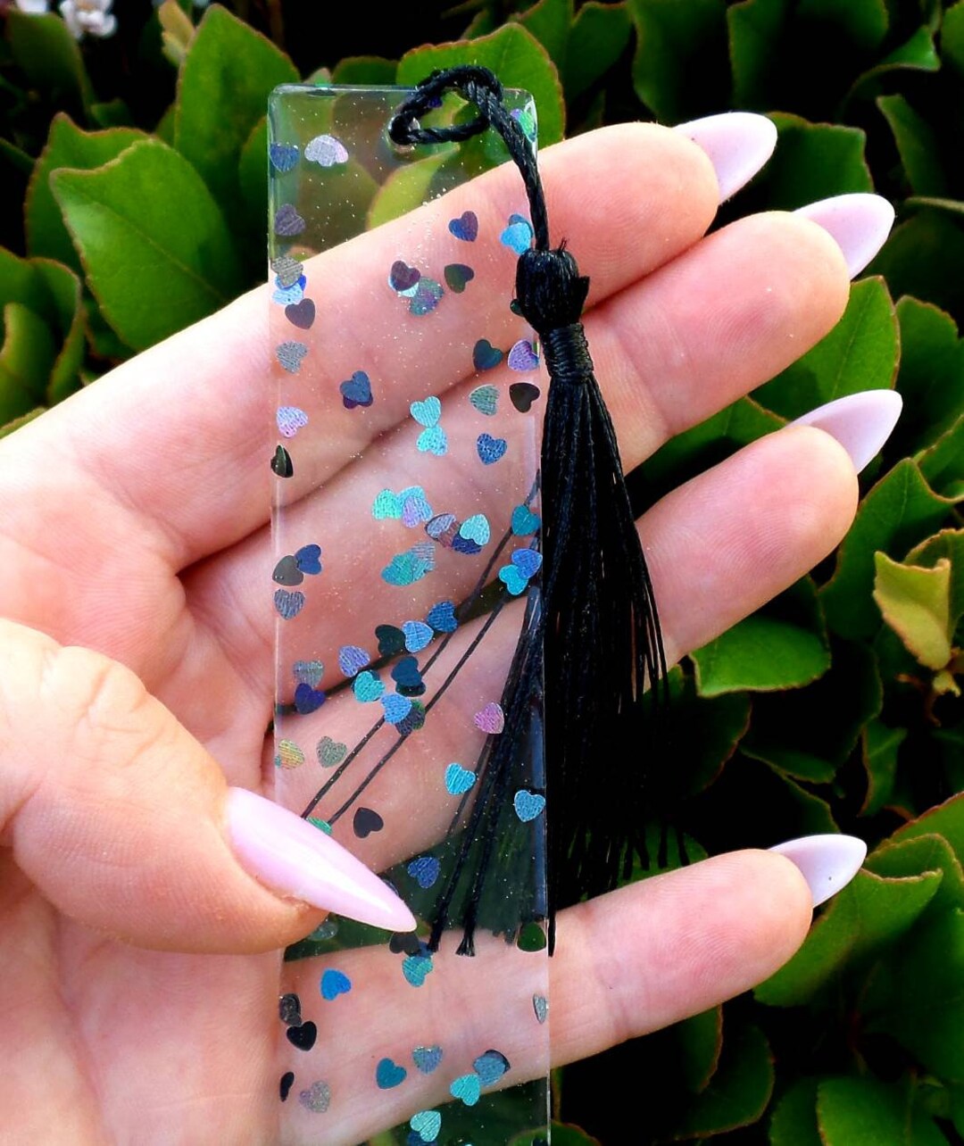 Resin and Glitter Bookmark, Reflective Hearts, Transparent Marker ...