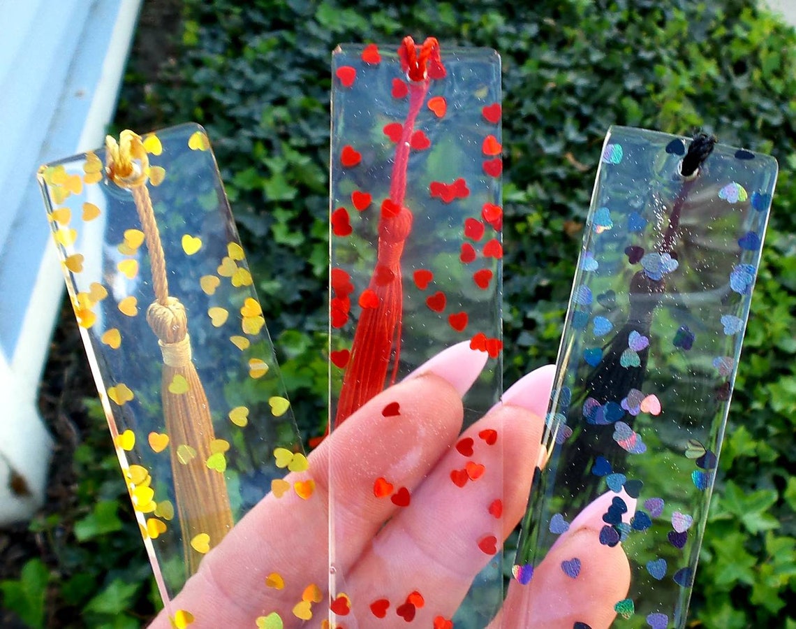 Resin and Glitter Bookmark, Reflective Hearts, Transparent Marker ...