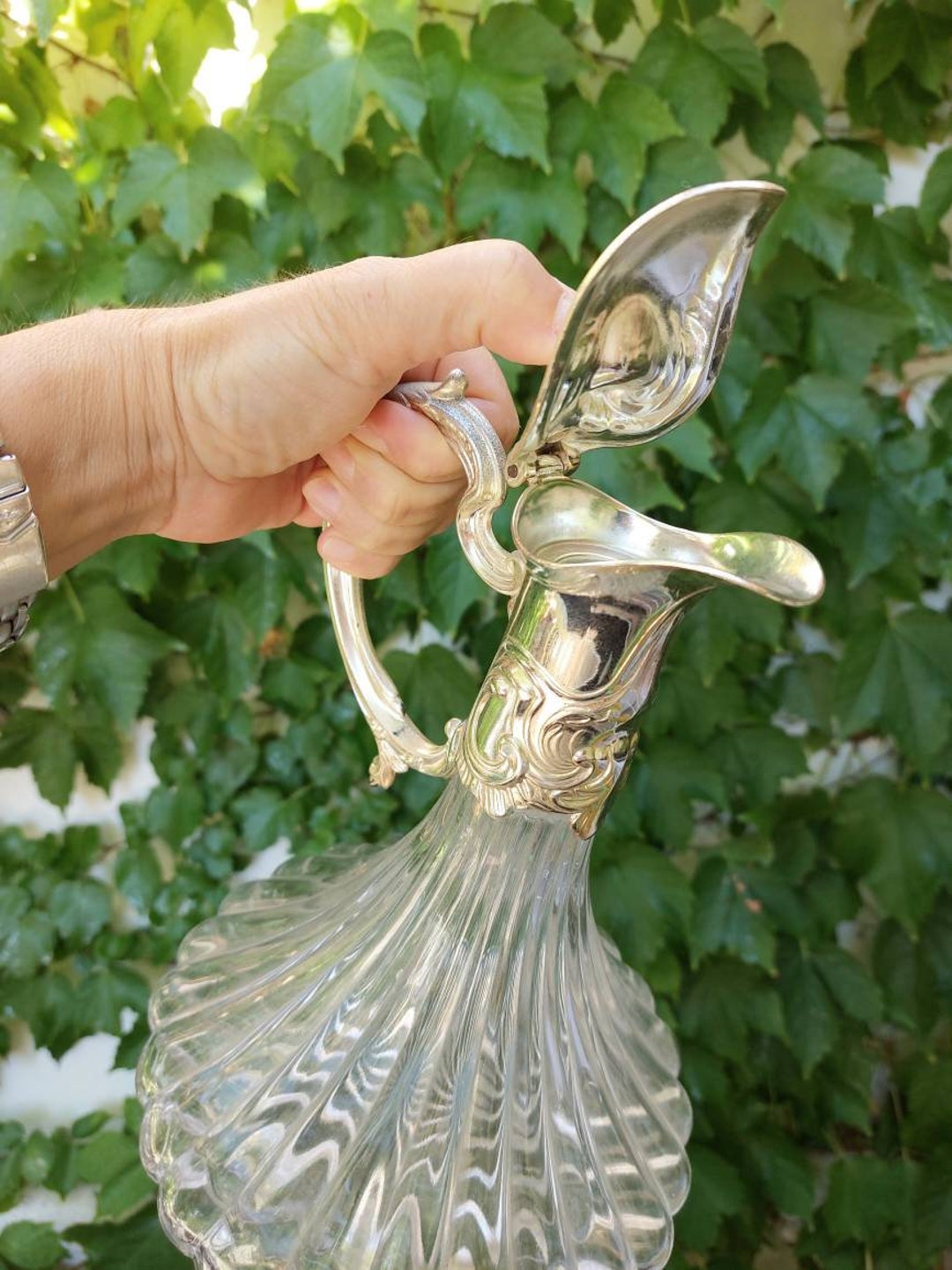 Retro Italian Large Glass and Silverplate Carafe. Handmade Glass Art ...