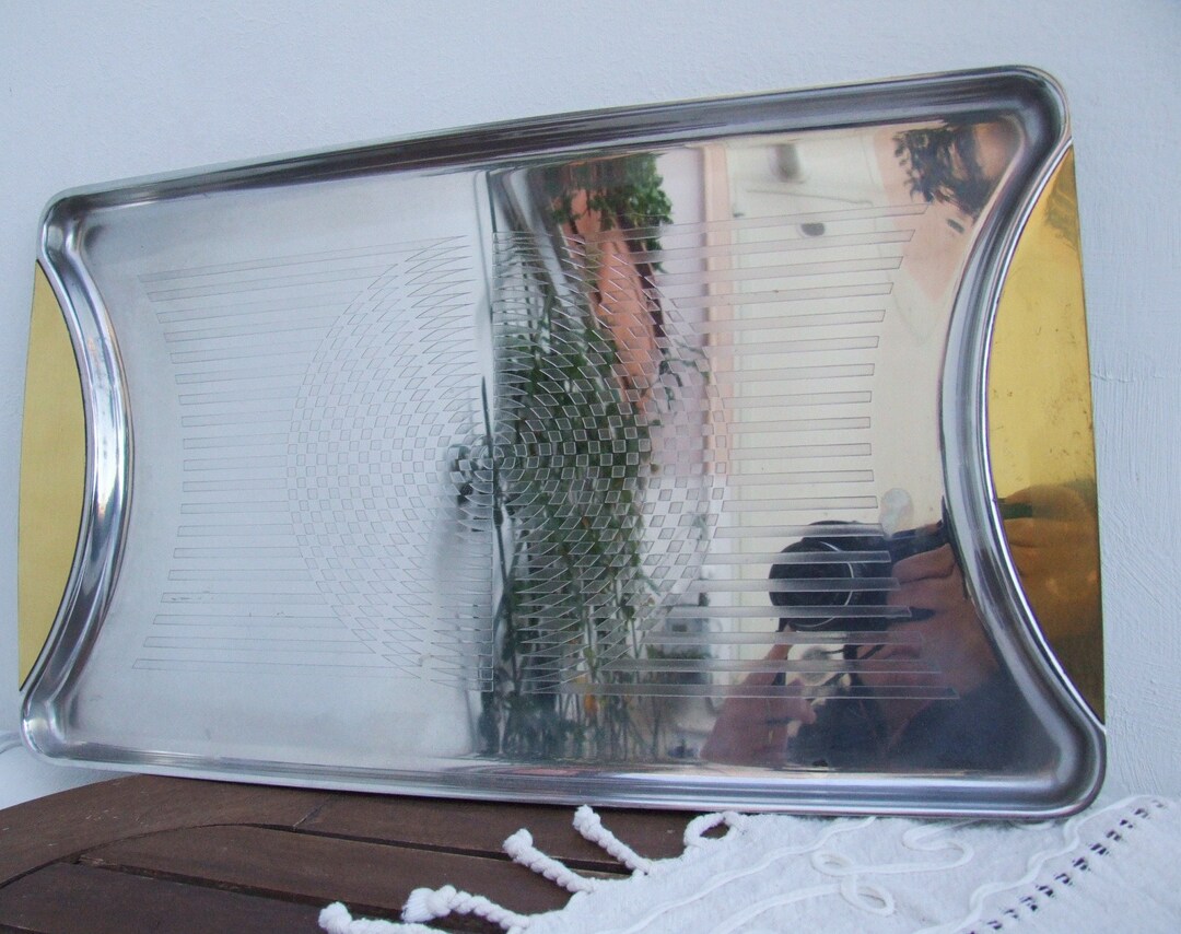GOTTINGHEN 1980s Optical Art Large Tray. Stainless Steel Inox 18/10 ...