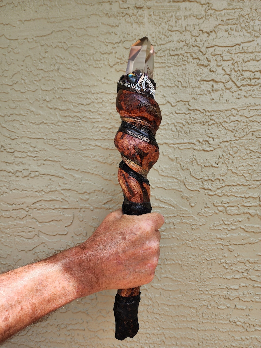 Light up Real Quartz Crystal Scepter Witch Wizard Maleficent Real Wood ...