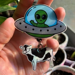 UFO Alien Cow Abduction Funny Retractable Badge Reel With Alligator ...