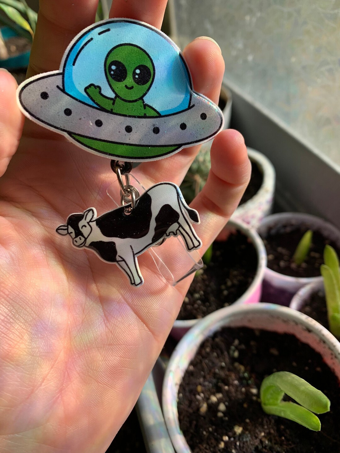 UFO Alien Cow Abduction Funny Retractable Badge Reel With Alligator ...