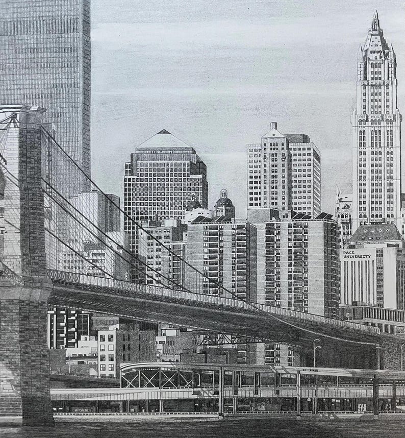 Art Print of a Pencil Drawing of the Manhattan Skyline With Twin Towers ...