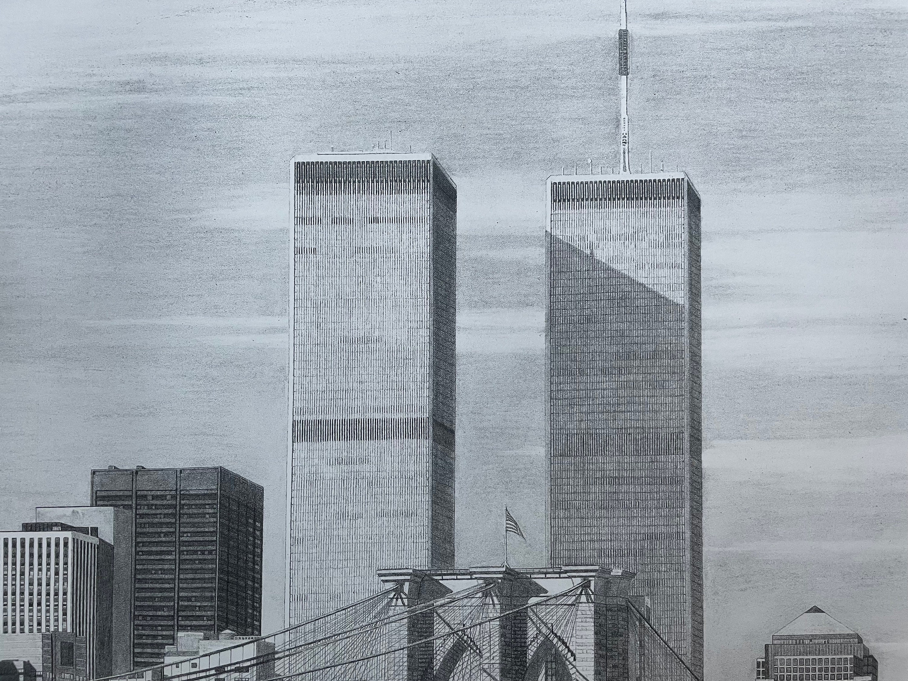 Art Print of Manhattan Skyline With Twin Towers Pencil Drawing - Etsy