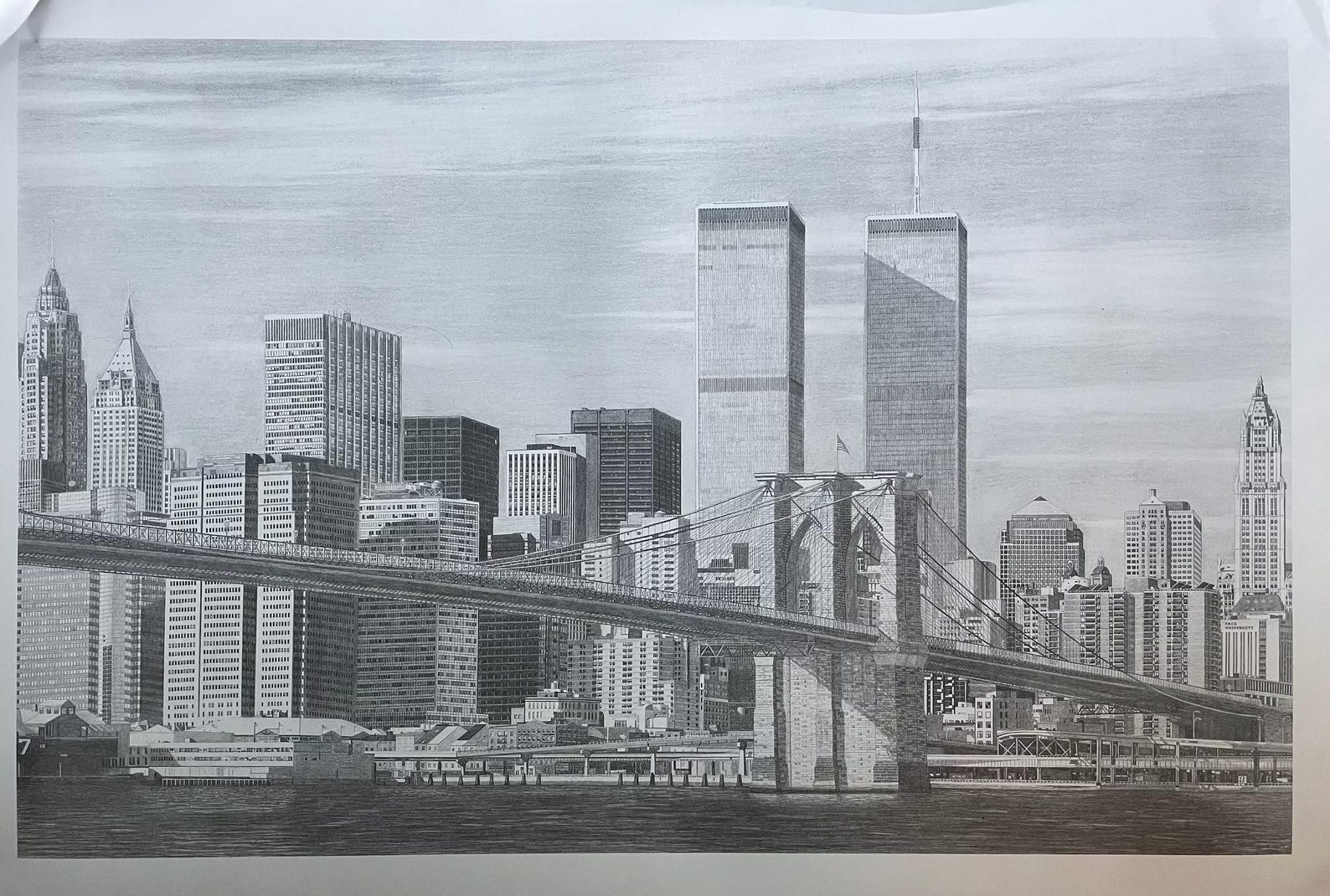 Art Print of a Pencil Drawing of the Manhattan Skyline With Twin Towers ...
